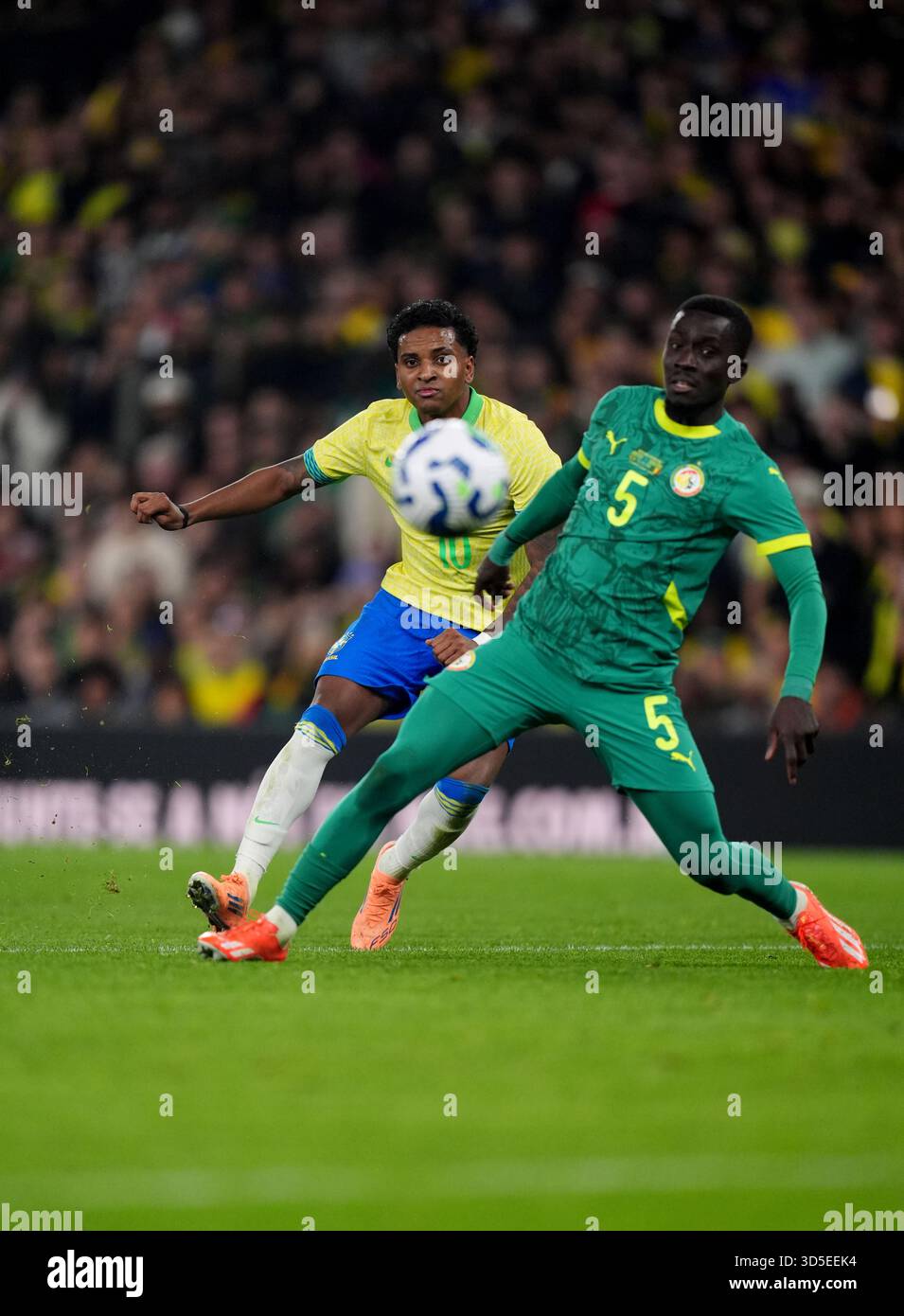 Brazil's Rodrygo has a shot on goal during an international match at ...