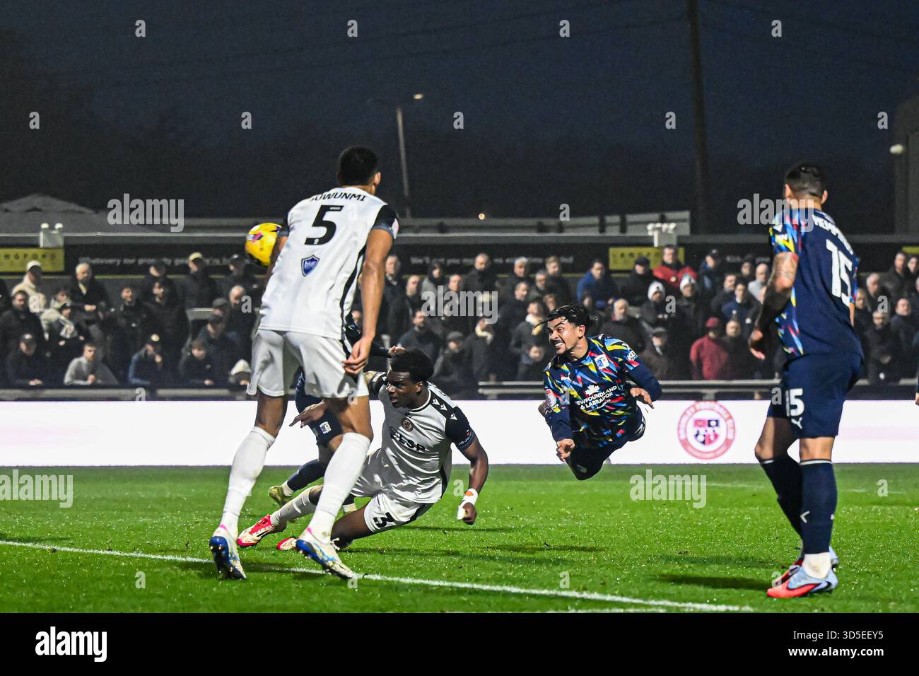 Josh Gordon (25 Barrow) flying header towards gaol during the Sky Bet ...