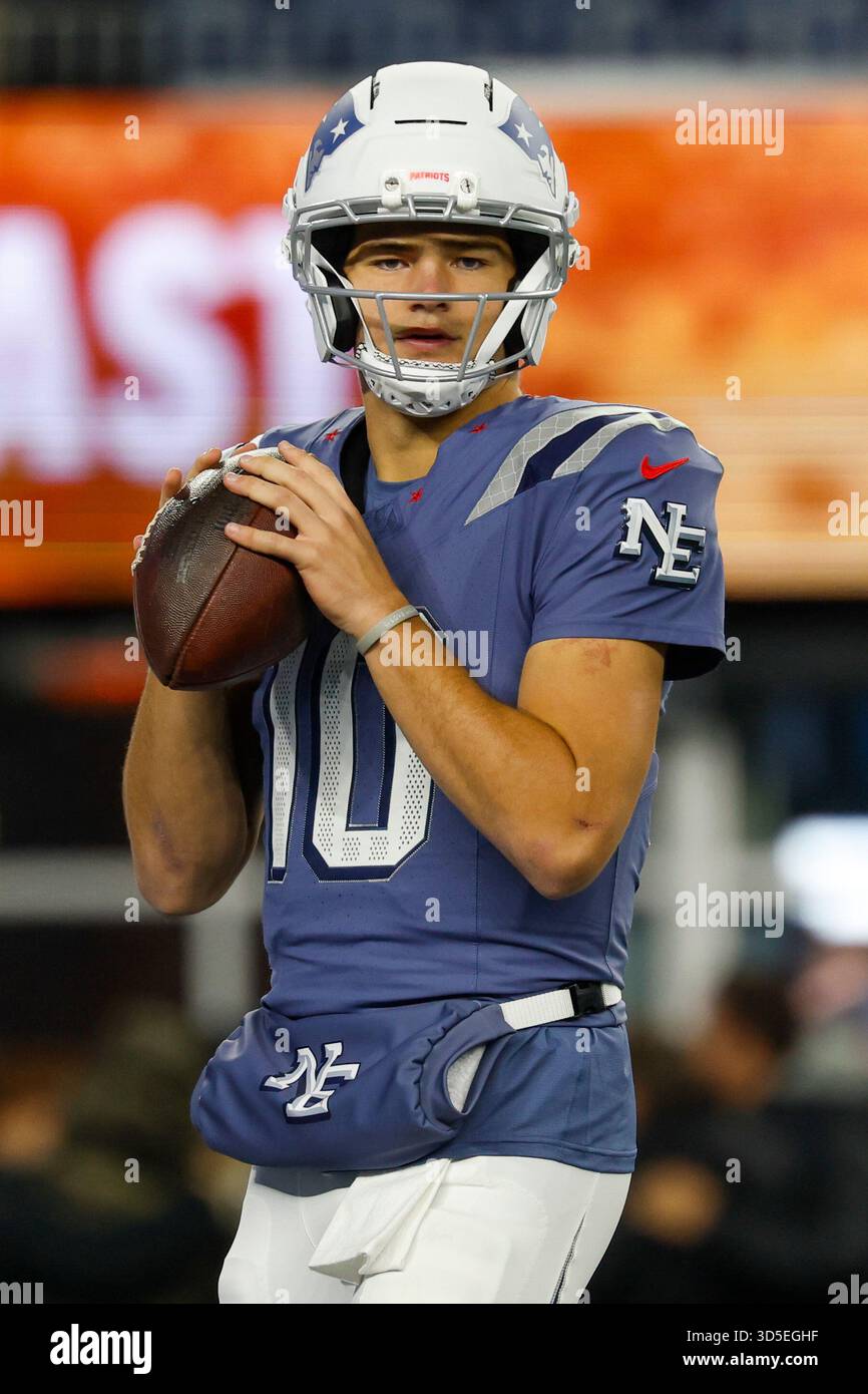 New England Patriots quarterback Drake Maye (10) warms-up prior to the ...