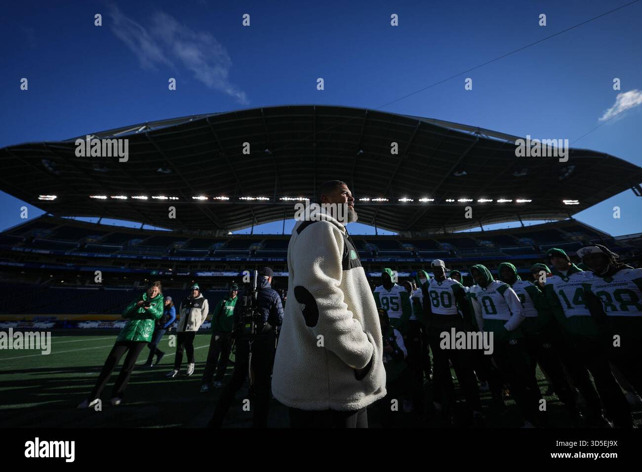 Saskatchewan Roughriders head coach Corey Mace addresses the team ...