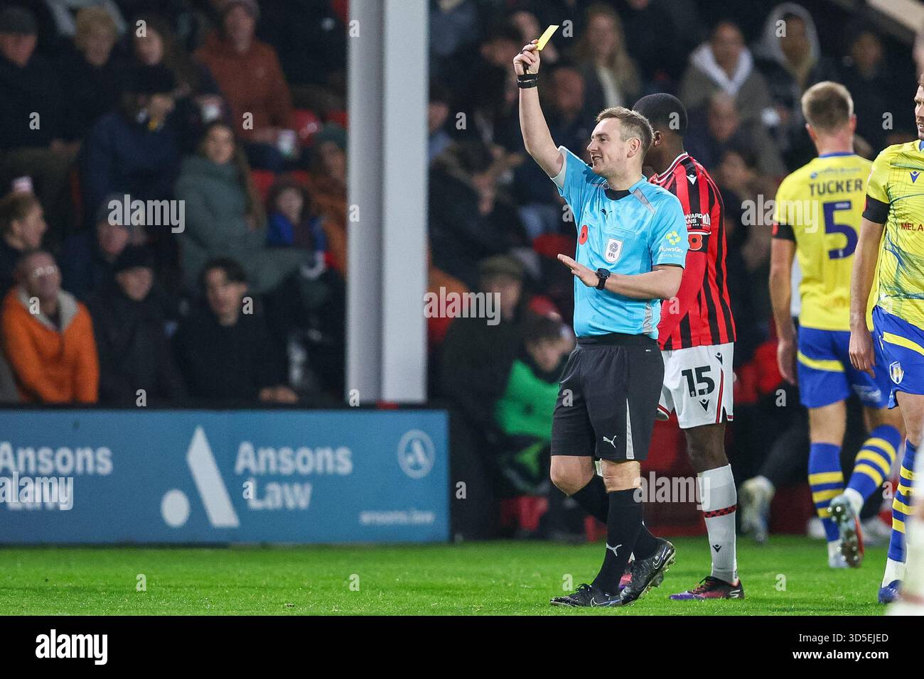 Referee, James Durkin brandishes the yellow card during the Sky Bet ...