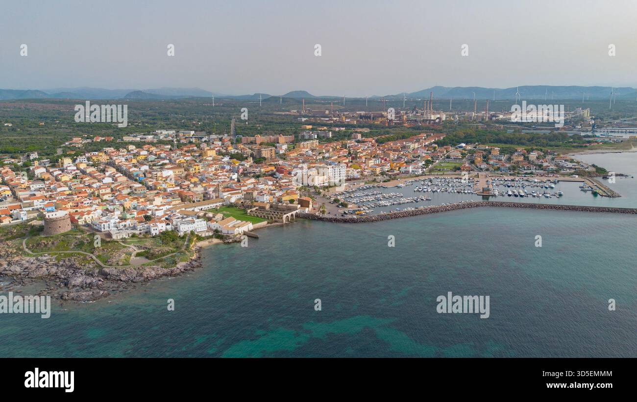 Aerial view of Portoscuso town with colorful rooftops in South Sardinia ...