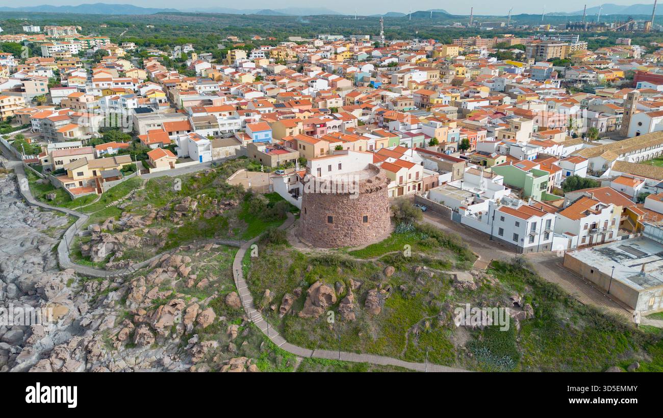 Aerial view of Portoscuso town with colorful rooftops in South Sardinia ...