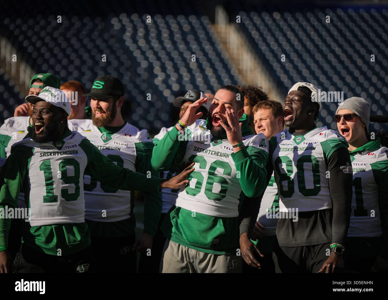 Saskatchewan Roughriders Jacob Brammer (66), Samuel Emilus (19) and ...