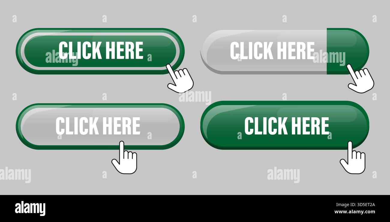 Click here button. Green web element. Interactive UI icon. Hand cursor ...
