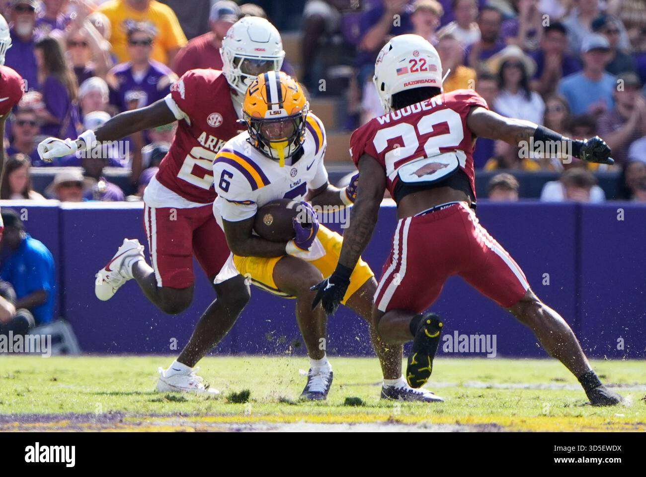 LSU wide receiver Barion Brown (6) carries against Arkansas defensive ...