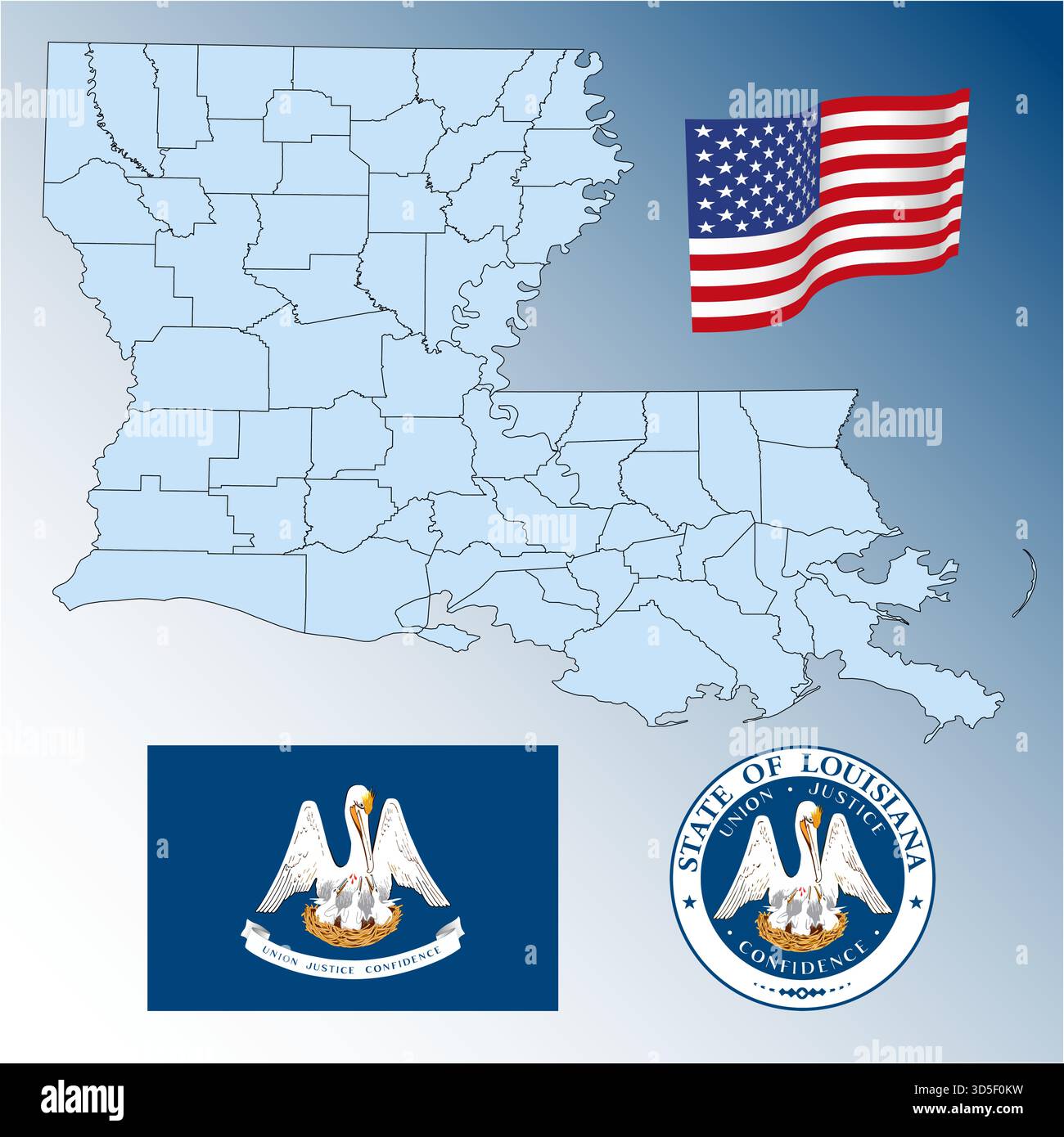 Louisiana US federal state waving flag, seal and map, United States ...