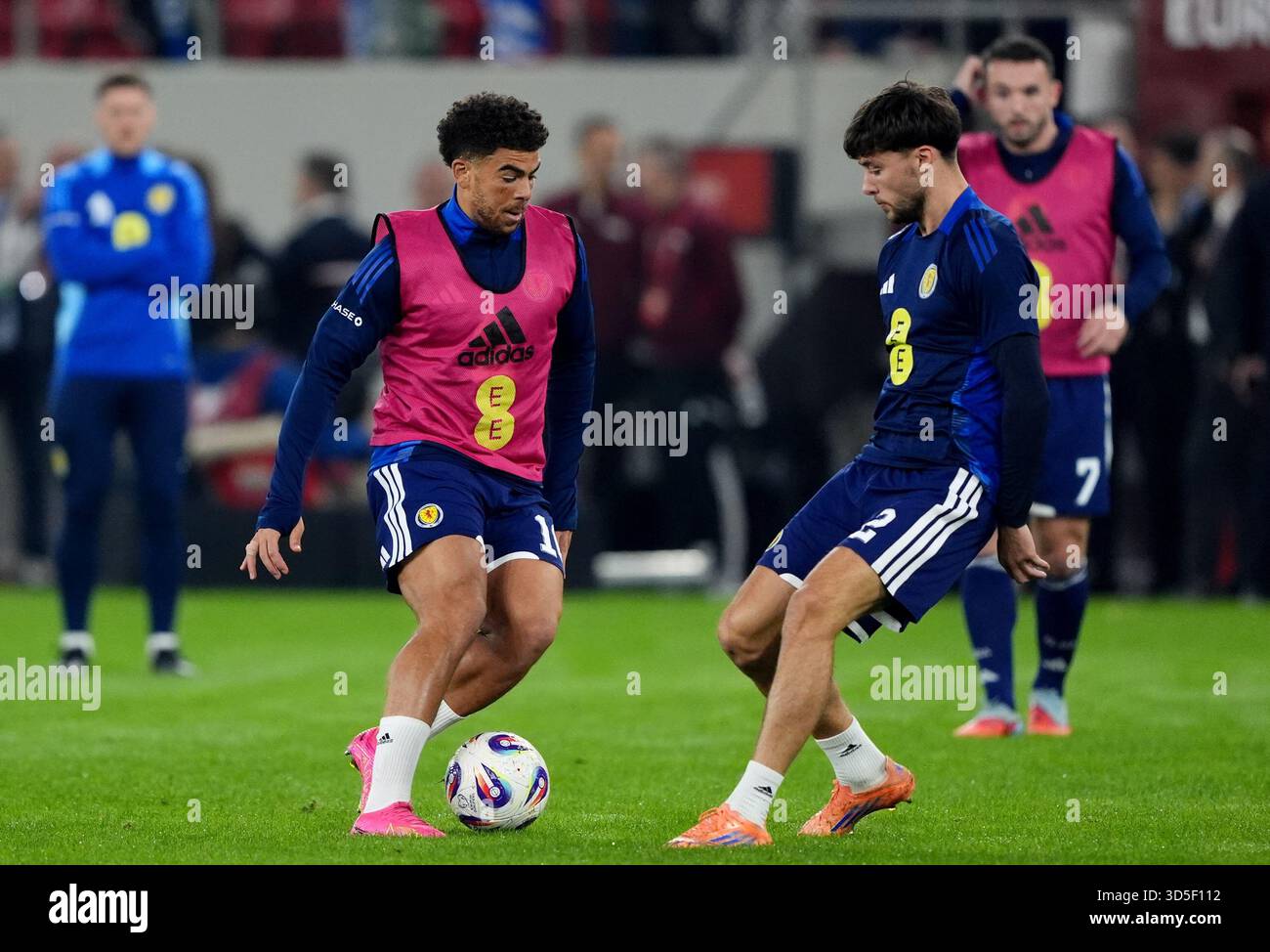 Scotland's Che Adams (left) and Aaron Hickey during the warm up before ...