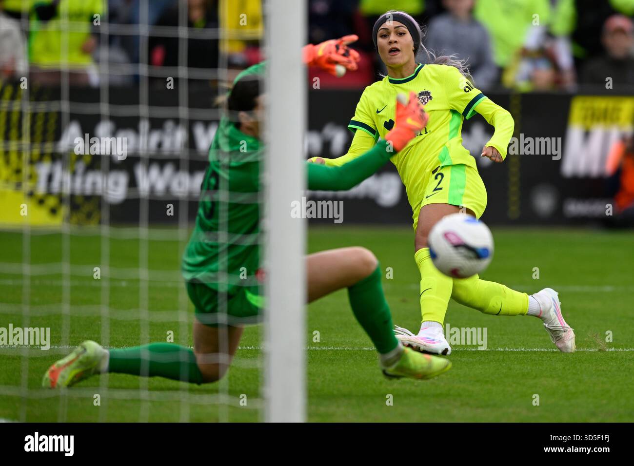 Washington Spirit forward Trinity Rodman (2) misses a shot at goal ...