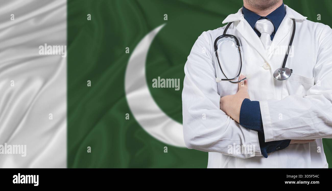 Male doctor with stethoscope on Pakistan flag. Doctor holding ...