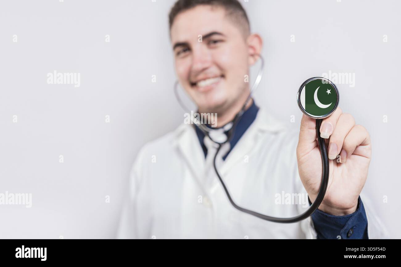 Doctor showing stethoscope with Pakistan flag. Pakistan national ...