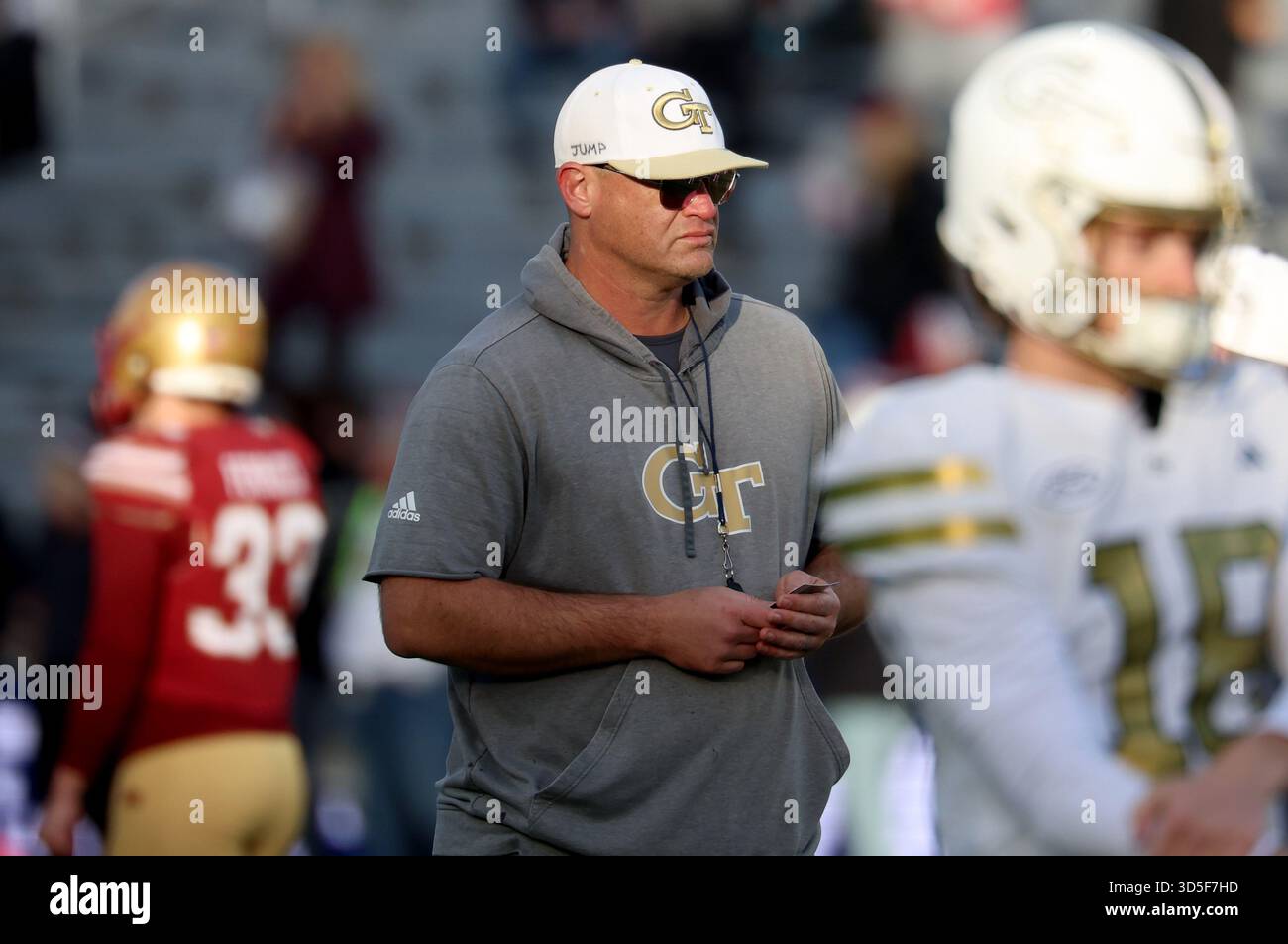 Georgia Tech head coach Brent Key looks on during warm-ups before an ...