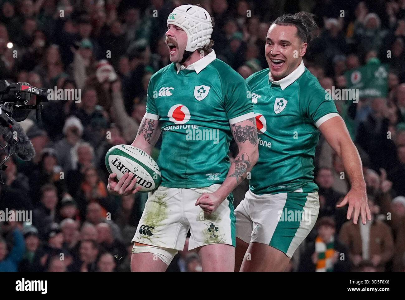 Ireland's Mack Hansen celebrates scoring their sides second try of the ...