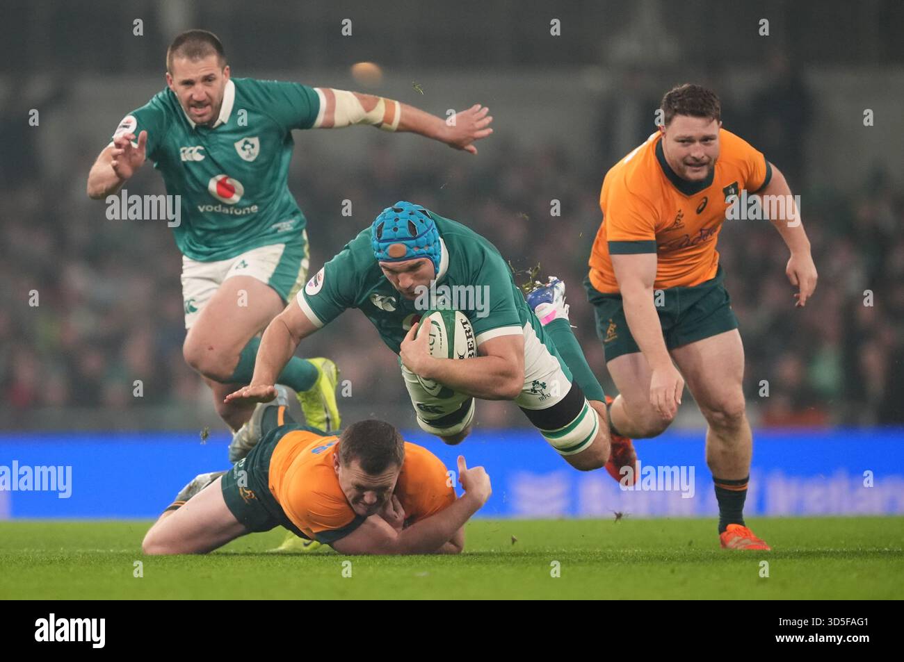 Ireland's Tadhg Beirne is tackled by Australia's Angus Bell during the ...