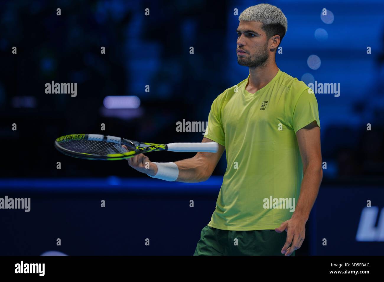 Spain's Carlos Alcaraz spins his racket during semifinal tennis match ...
