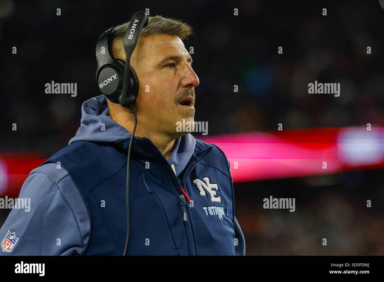 New England Patriots head coach Mike Vrabel reacts during the first ...