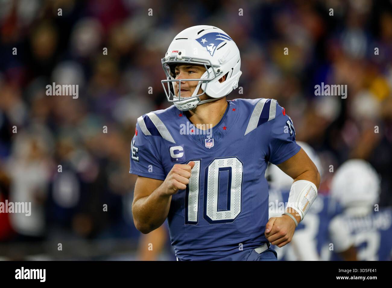 New England Patriots quarterback Drake Maye (10) reacts after a ...