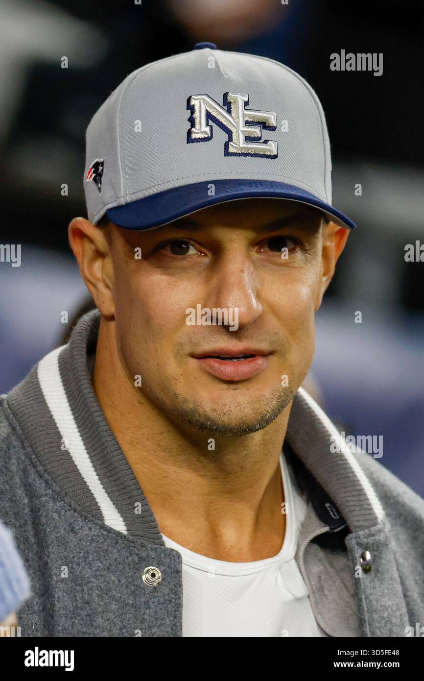 Former New England Patriots player Rob Gronkowski reacts during the ...