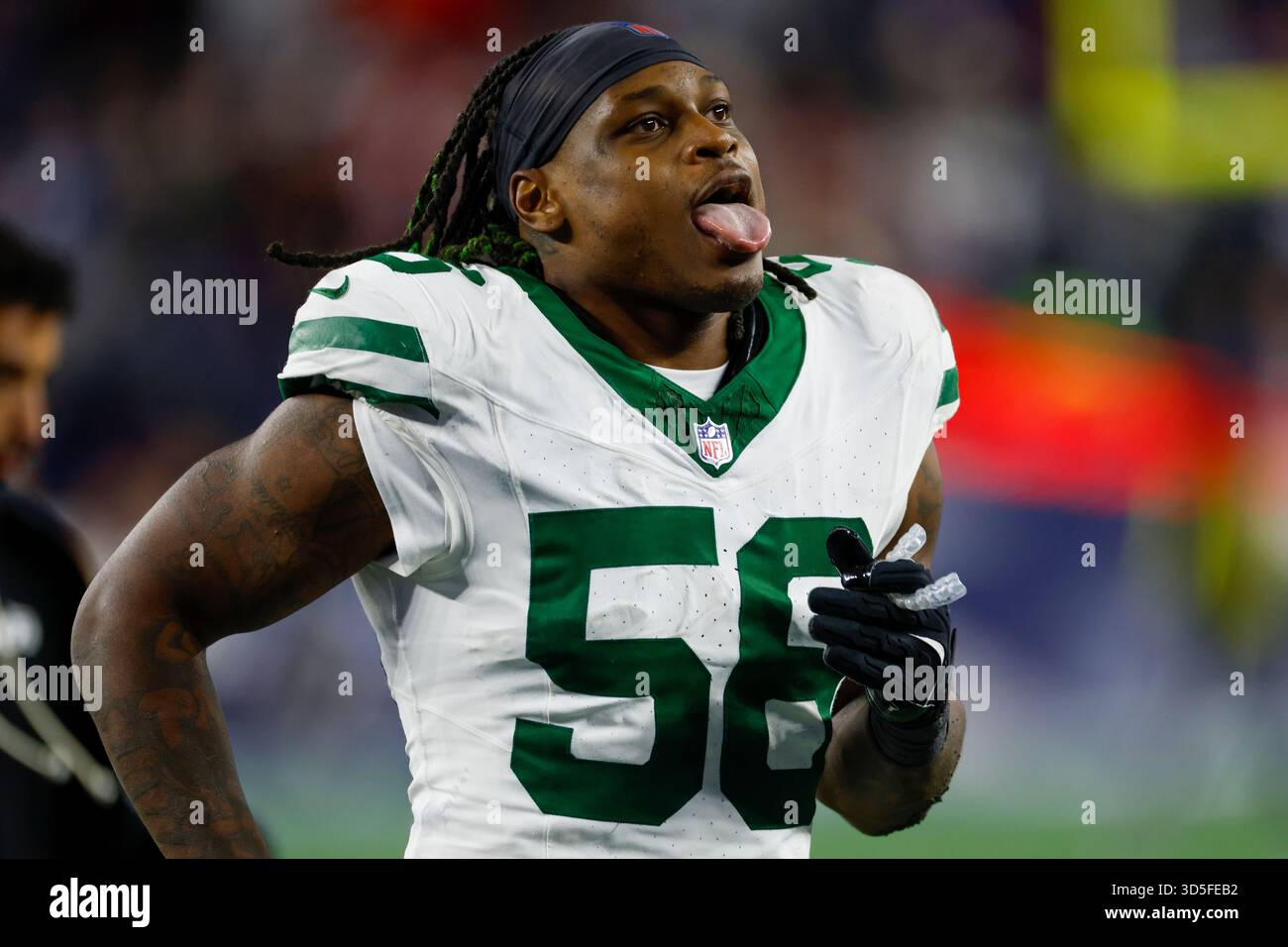 New York Jets linebacker Quincy Williams (56) reacts during the first ...