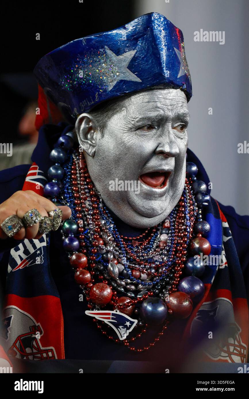 New England Patriots superfan Keith Birchall reacts during the first ...