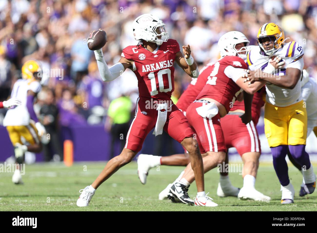 Arkansas Razorbacks quarterback Taylen Green (10) attempts a pass ...