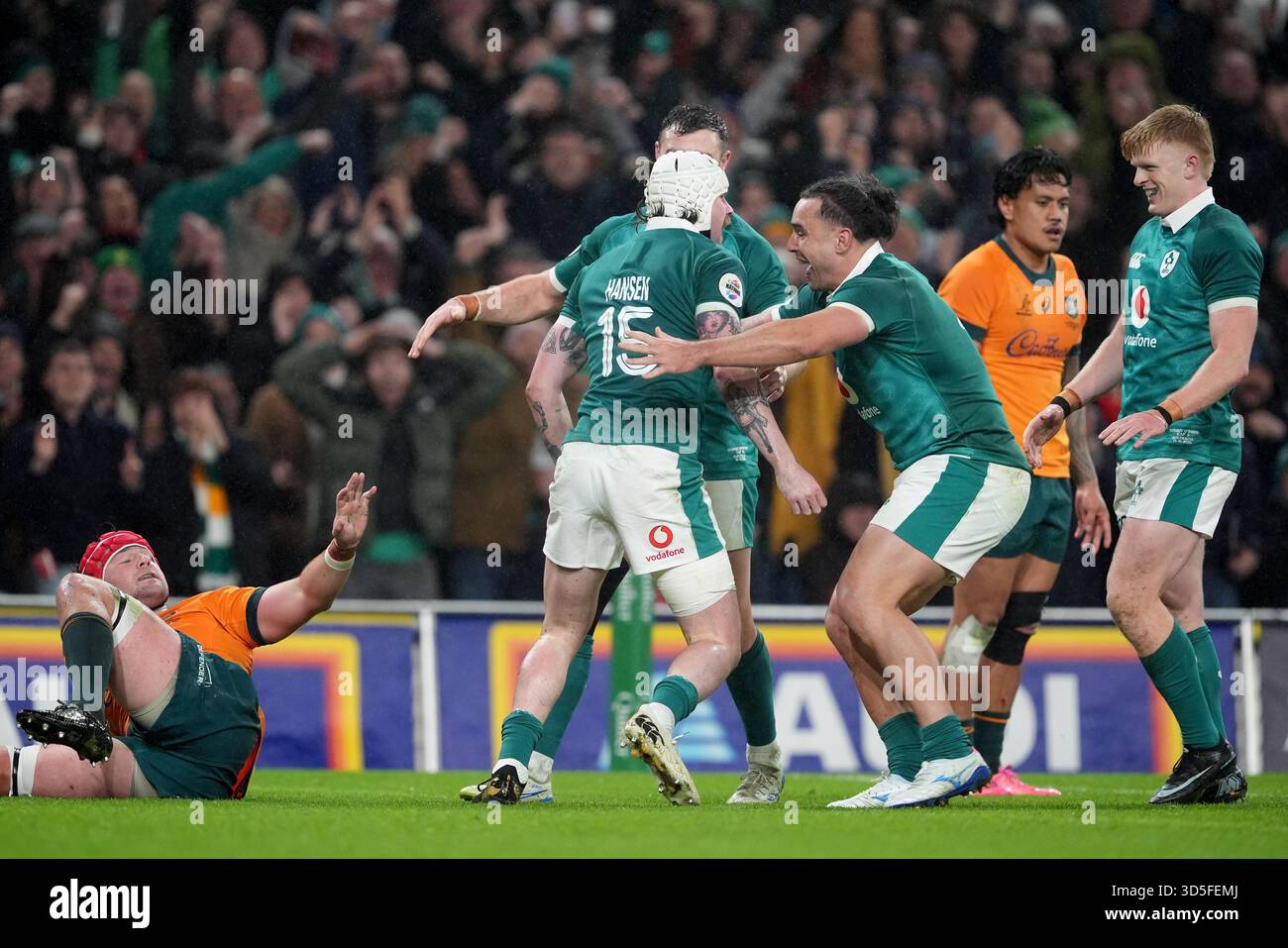 Ireland's Mack Hansen celebrates a try during the Quilter Nations ...