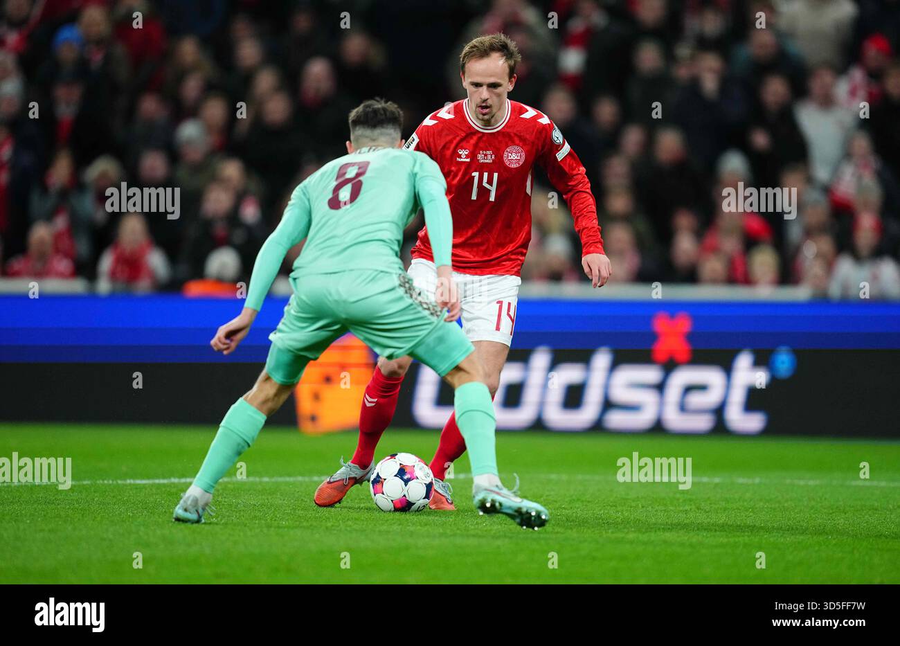November 15 2025: Mikkel Damsgaard of Denmark controls the ball during ...