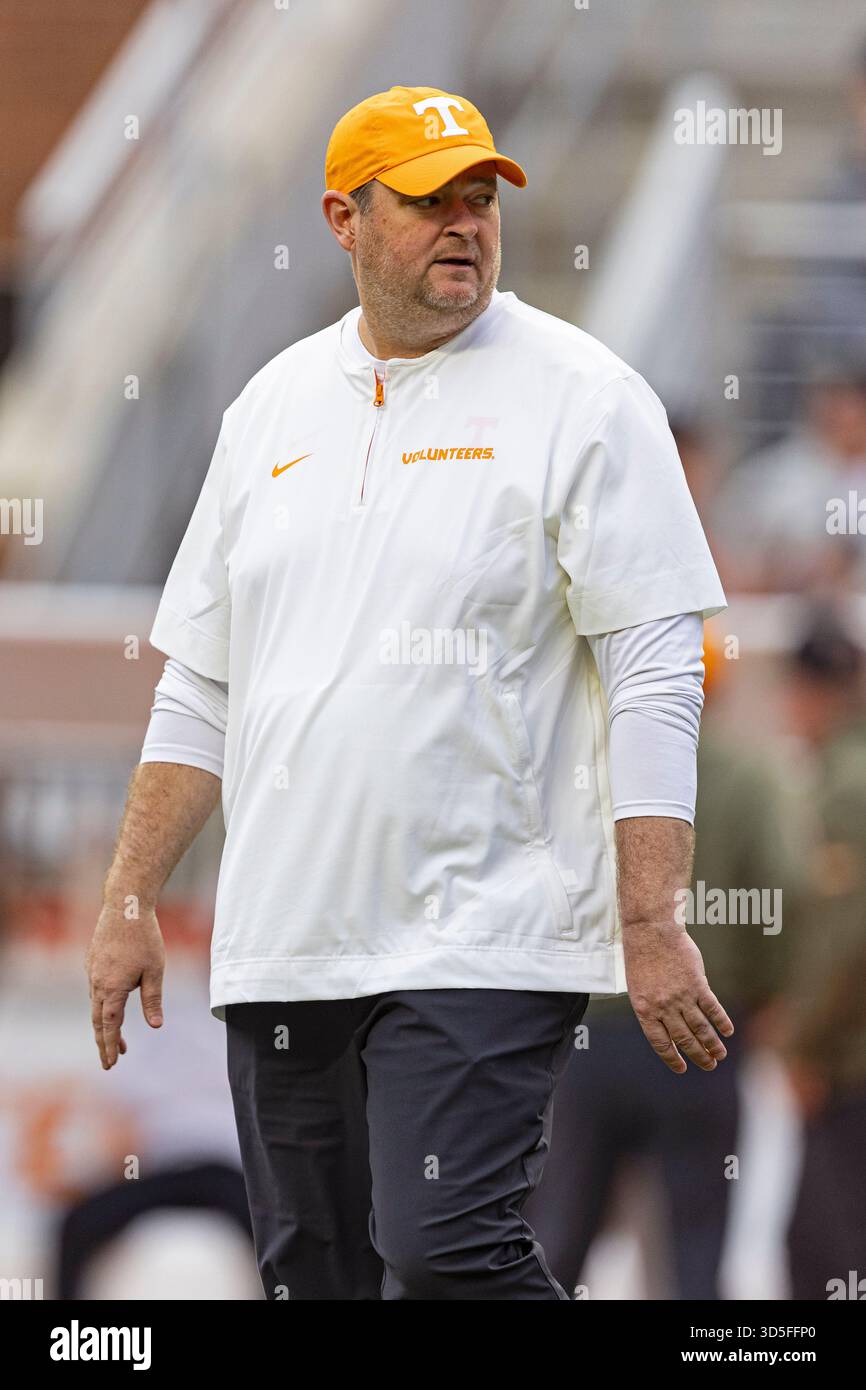 Tennessee head coach Josh Heupel watches as his team warms up before an ...