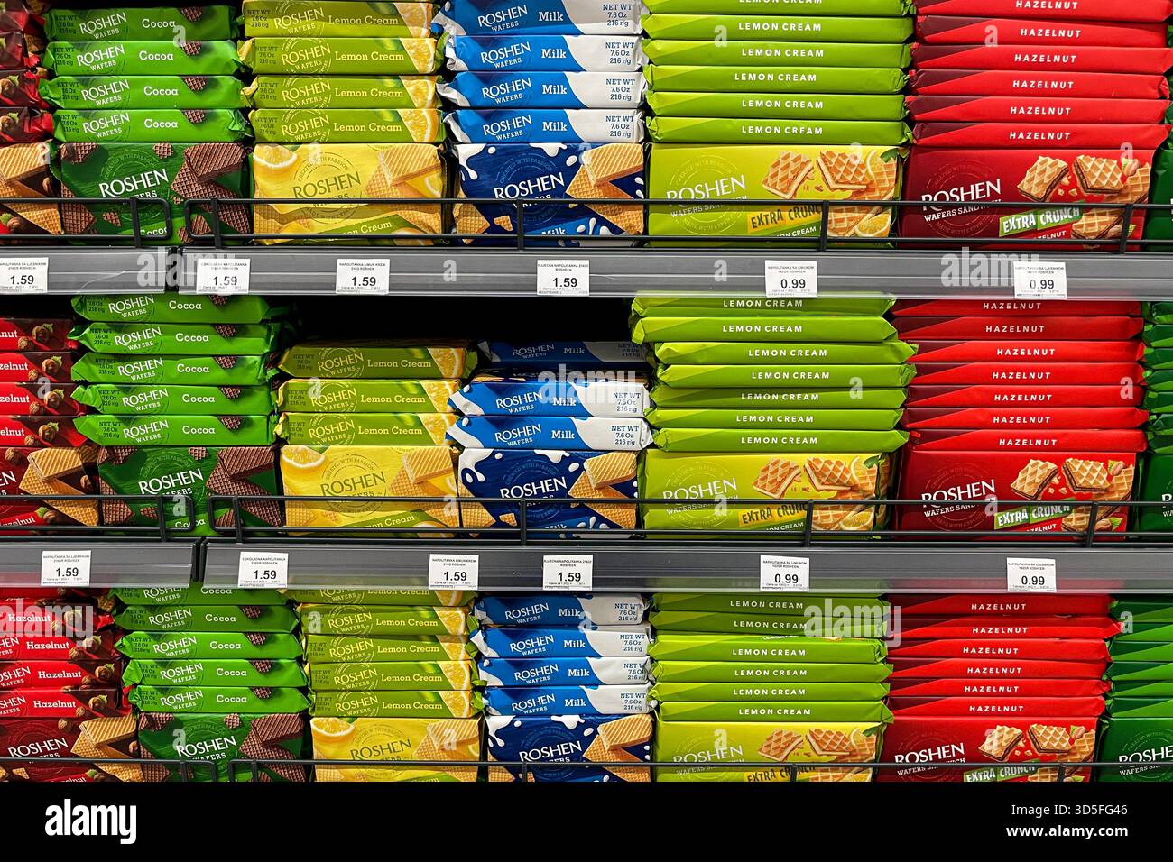 Bar, Montenegro, 30 October 2025, Various sweets snacks on the shelf of ...