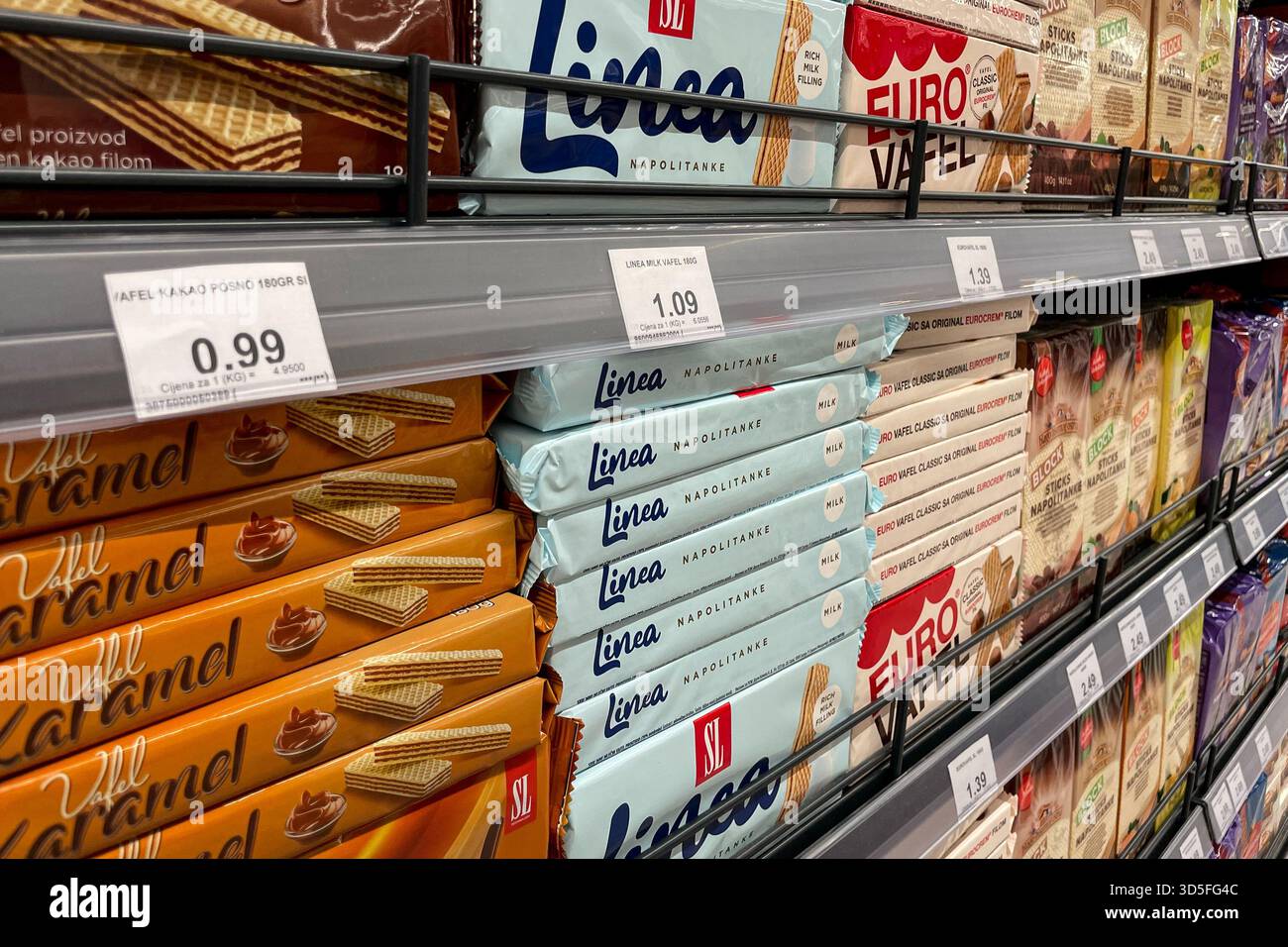 Bar, Montenegro, 30 October 2025, Various sweets snacks on the shelf of ...