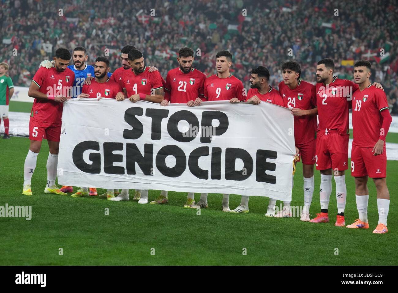 Players of the Palestinian national soccer team during the soccer match ...
