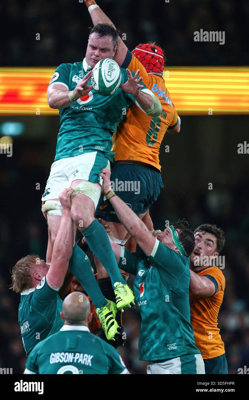 Ireland's James Ryan, top left, wins a line out against Australia's ...