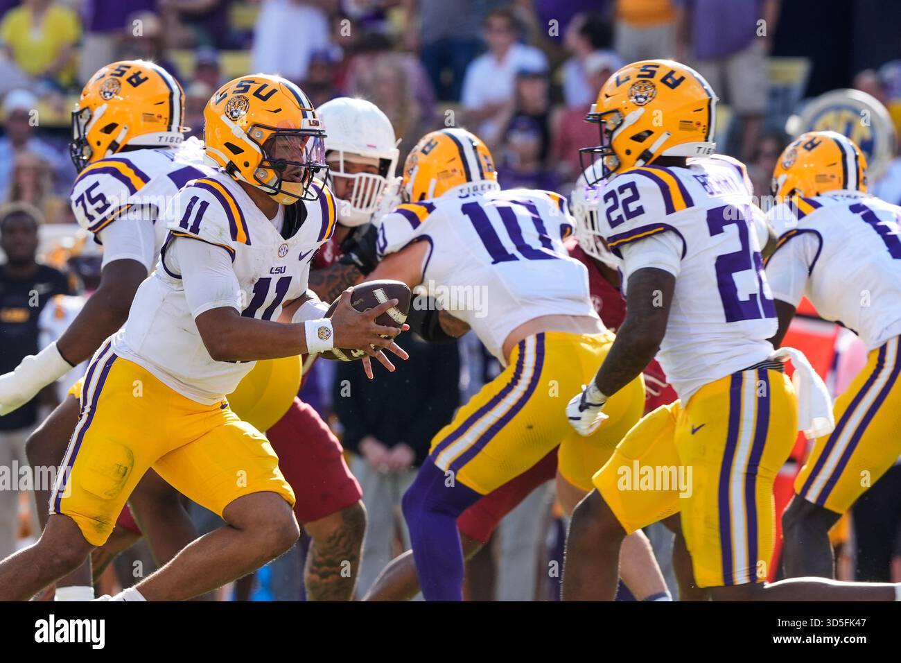 LSU quarterback Michael van Buren Jr. (11) hands off to running back ...