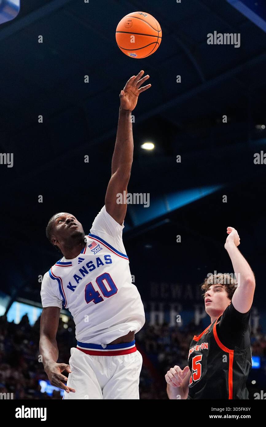 Kansas forward Flory Bidunga (40) blocks a shot by Princeton forward ...