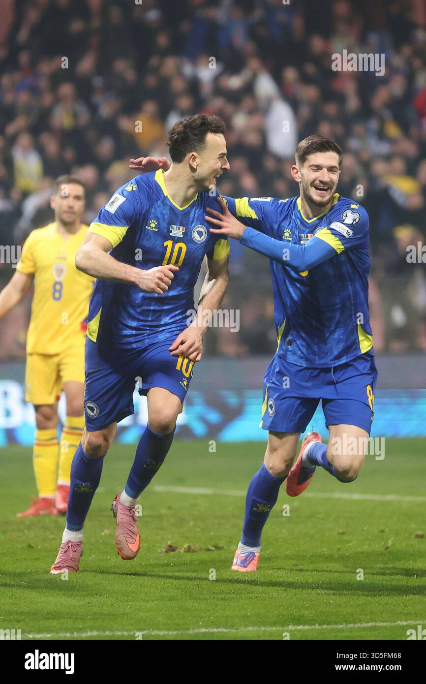 Bosnia's Haris Tabakovic, centre, celebrates with Armin Gigovic after ...