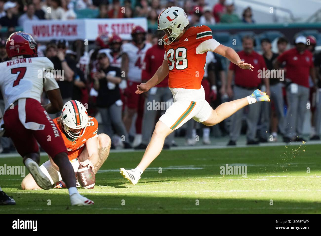 Miami place kicker Carter Davis (38) kicks a field goal during the ...