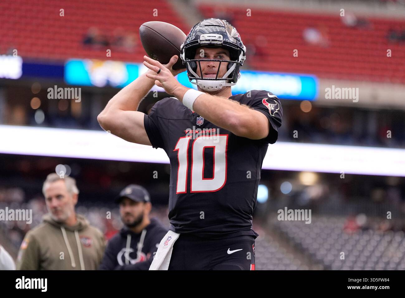 Houston Texans quarterback Davis Mills warms up before an NFL football ...