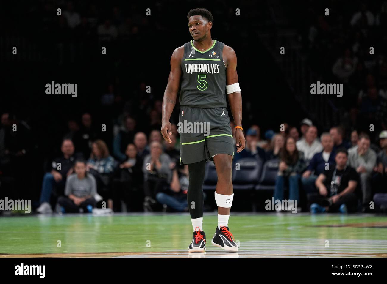 Minnesota Timberwolves guard Anthony Edwards (5) stands on the court ...