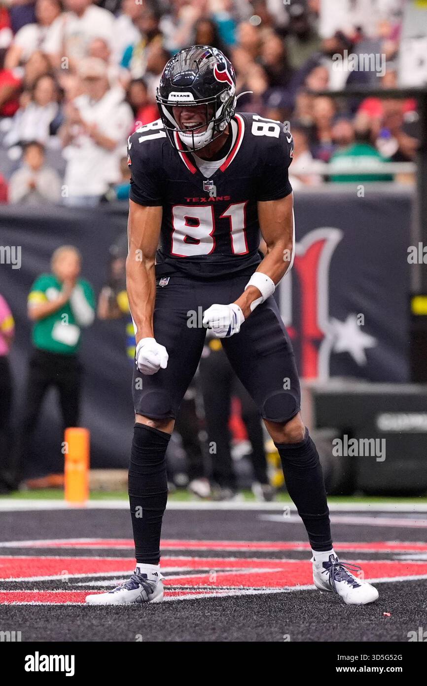 Houston Texans wide receiver Jayden Higgins (81) celebrates after a ...