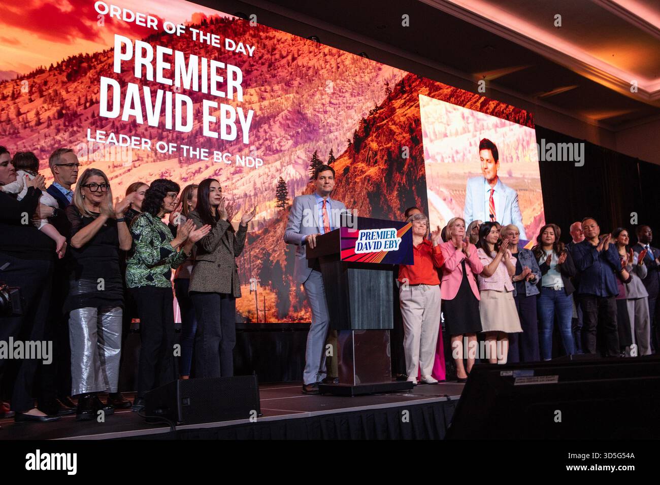 Premier David Eby delivers a speech while at the biennial B.C. NDP ...