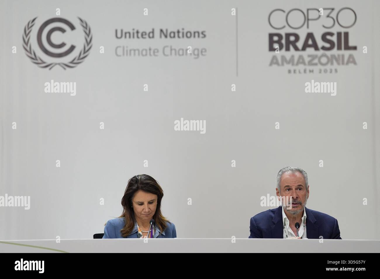Ana Toni, COP30 CEO, left, and André Corrêa do Lago, COP30 president ...