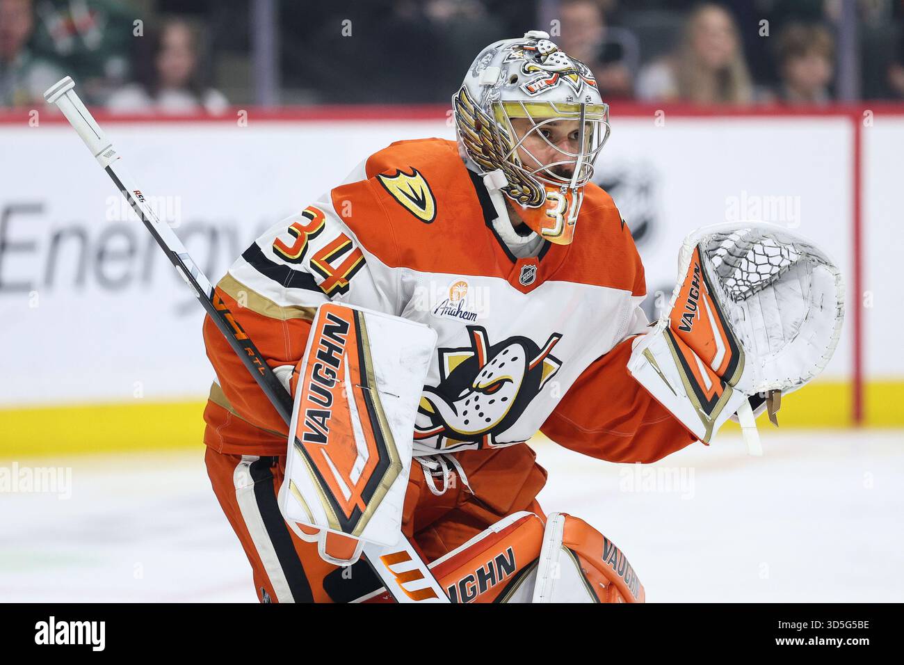 Anaheim Ducks goaltender Petr Mrazek defends his net against the ...