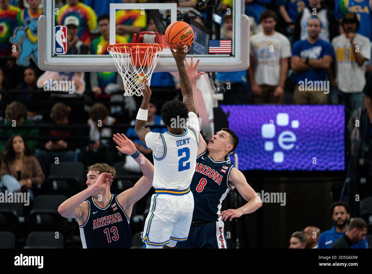 UCLA Bruins guard Donovan Dent (2) shoots over Arizona Wildcats forward ...