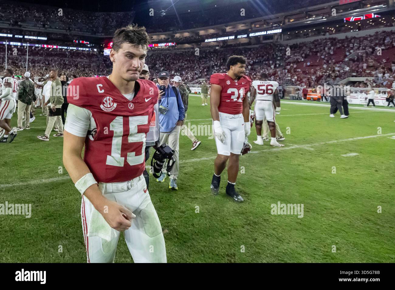 Alabama quarterback Ty Simpson (15) walks off the field after losing to ...