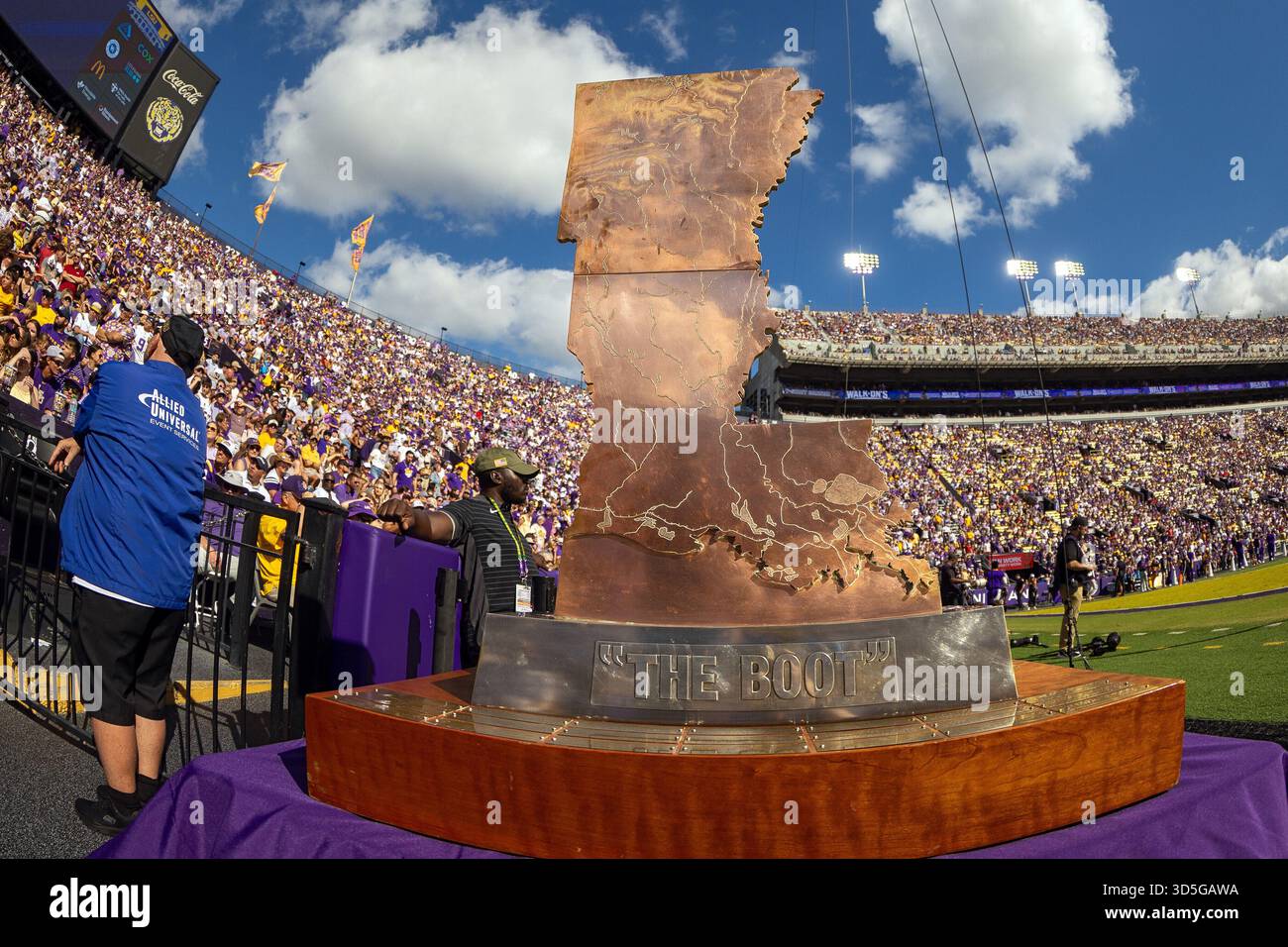 BATON ROUGE, LA - NOVEMBER 15: The Boot Trophy sits in the end zone ...