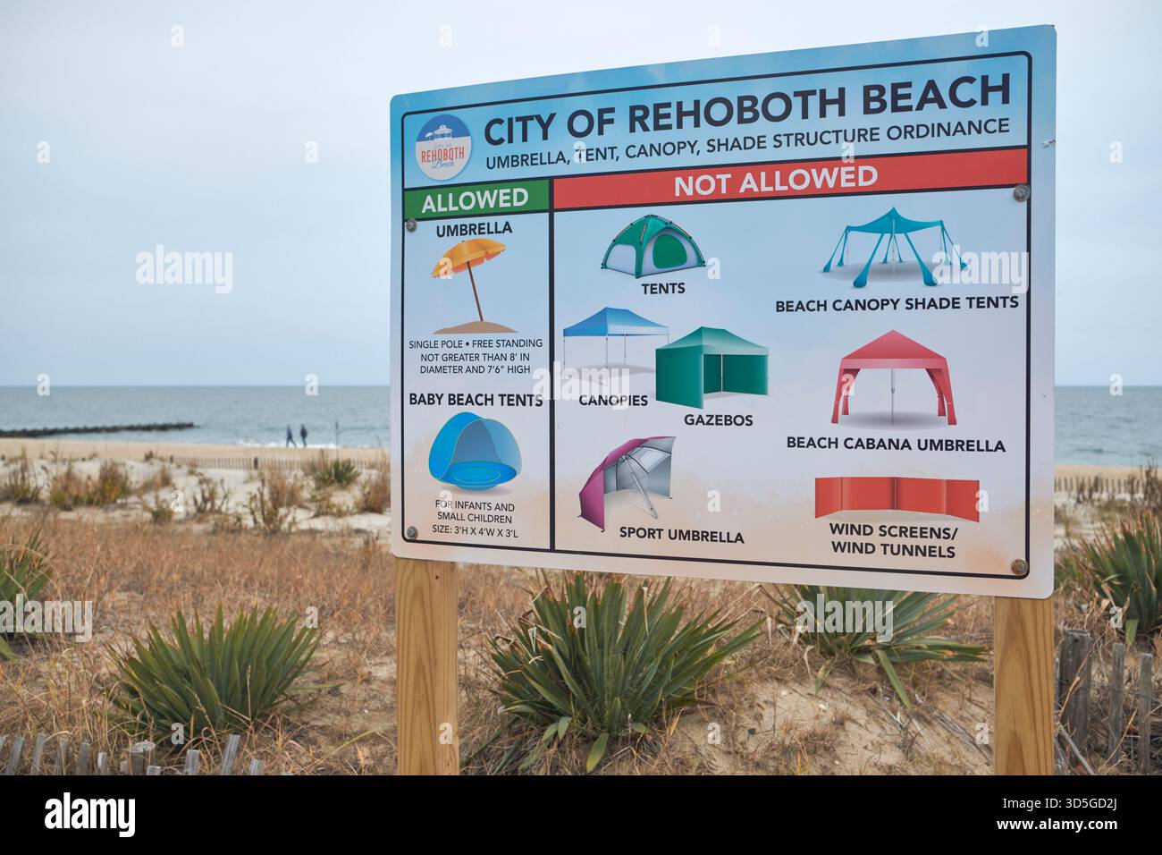 Signage at Rehoboth Beach details beach shelter restrictions, informing ...