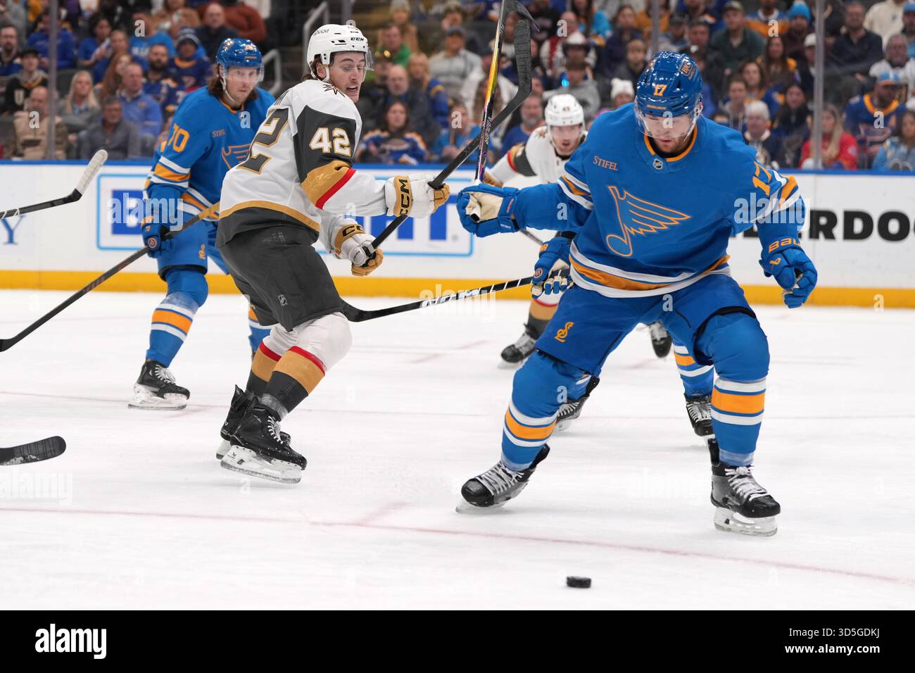 Vegas Golden Knights' Braeden Bowman (42) and St. Louis Blues' Cam ...