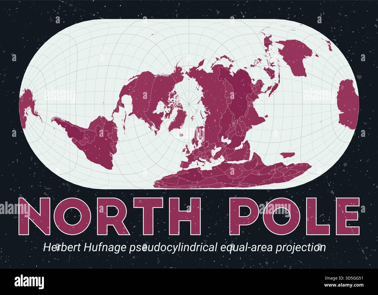 North Pole. World map. Herbert Hufnagel pseudocylindrical equal-area ...