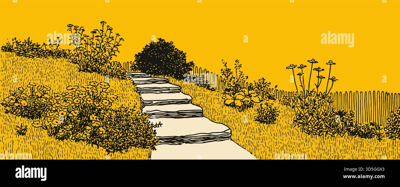 A yellow and brown drawing of a path with steps and a bush. The path is ...