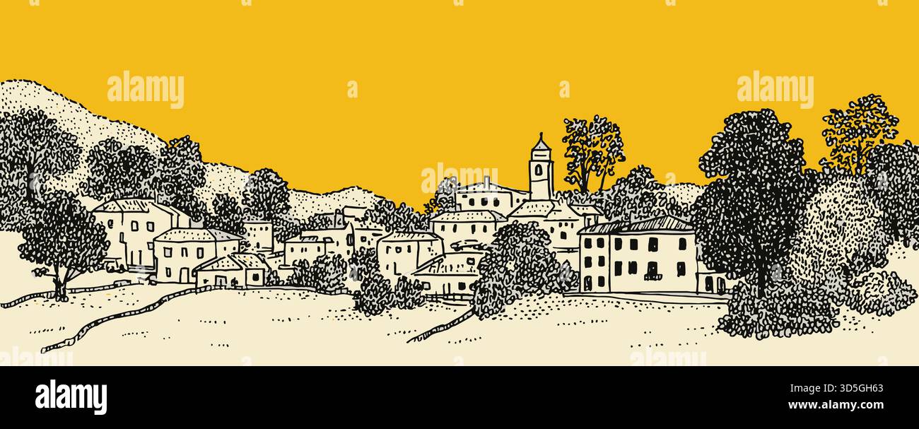 A drawing of a small town with a church and a clock tower. The sky is ...